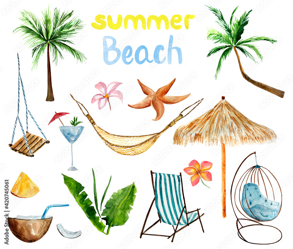 Watercolor set on a summer and beach theme with palm trees, leisure ...