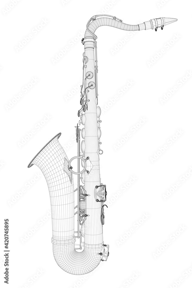 Wire-frame detailed saxophone isolated on white background. Side view ...