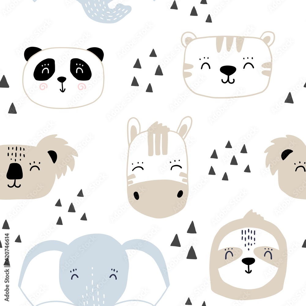 Seamless kids pattern with cute animals faces. Cartoon hand drawn baby ...