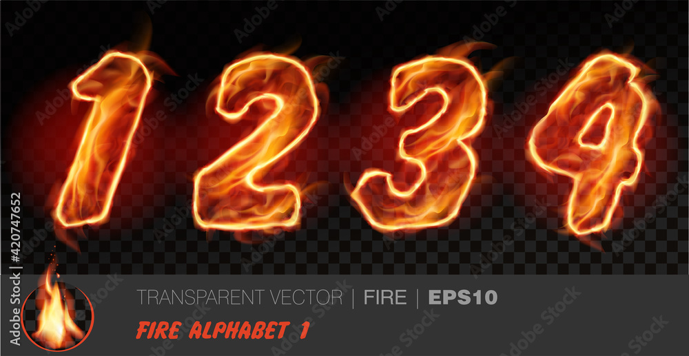 Alphabet of fire. Transparent realistic vector on dark background ...