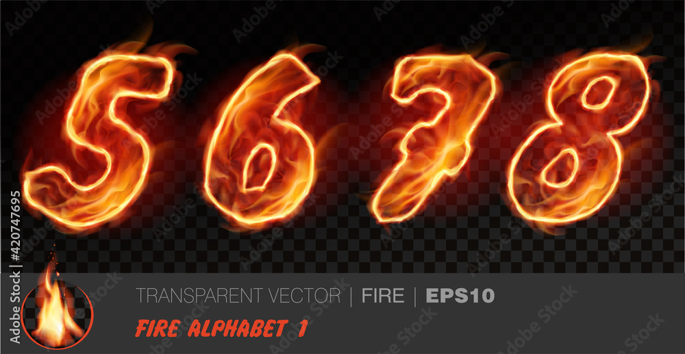 Alphabet of fire. Transparent realistic vector on dark background ...