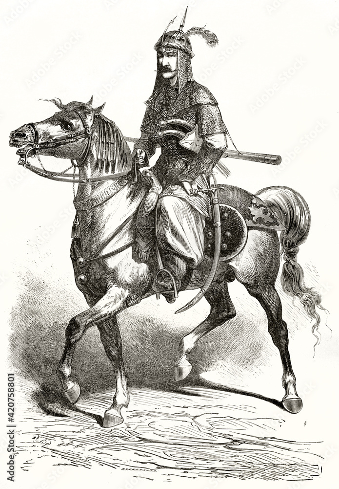 Plakat Kurdish knight on horse abreast equipped with light armor, helm ...