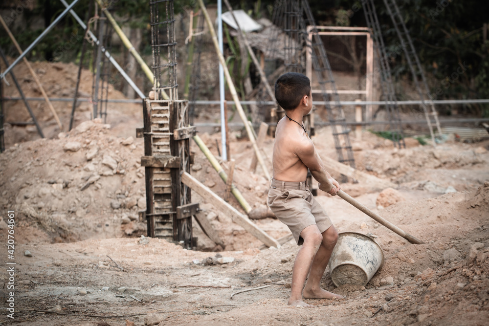 Poor children working at construction site against children labour ...