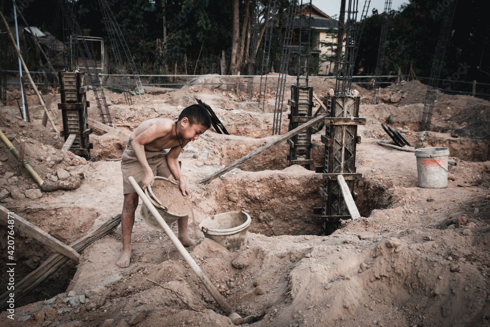 Poster Children who work hard on the construction site, child labor ...