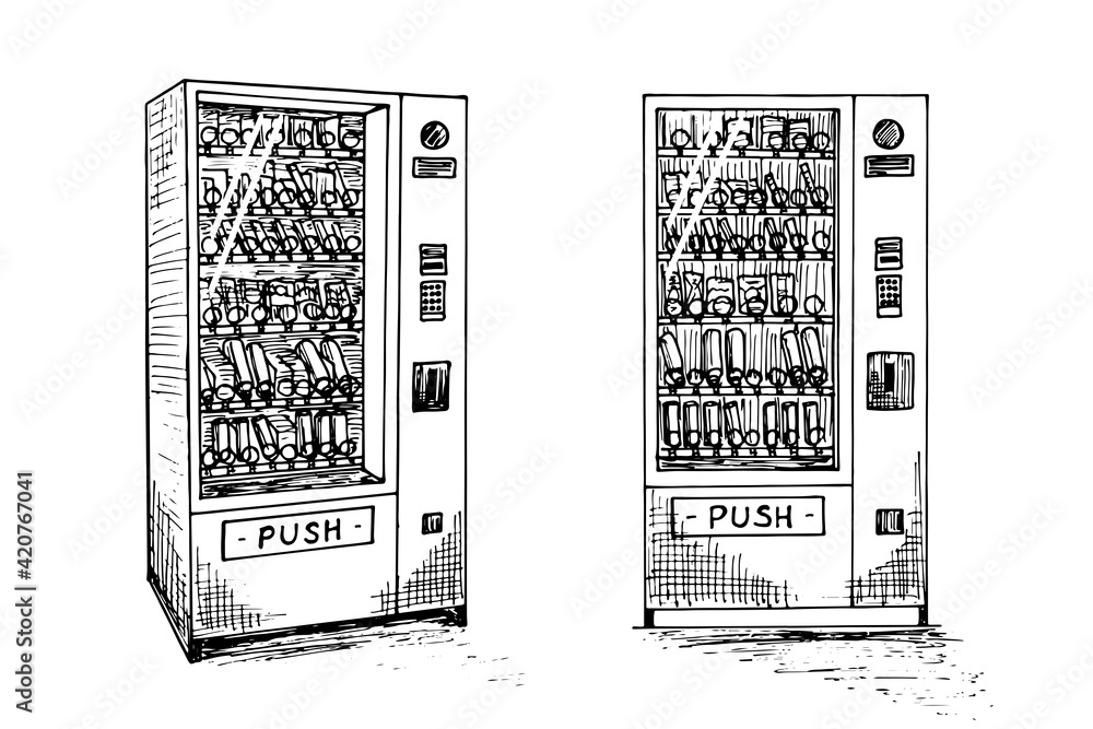Vending machine set with beverage bottles and cans hand drawn sketch ...