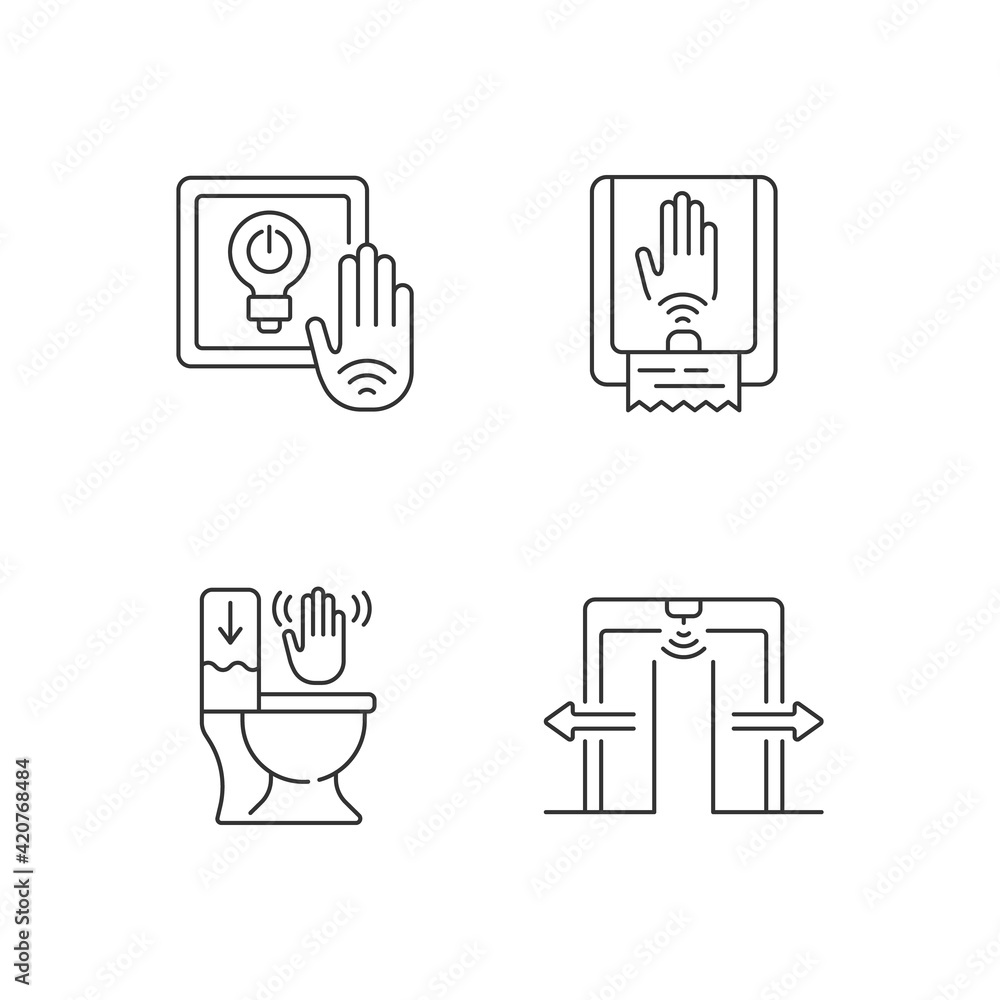 Contactless technology linear icons set. No touch light switch in ...