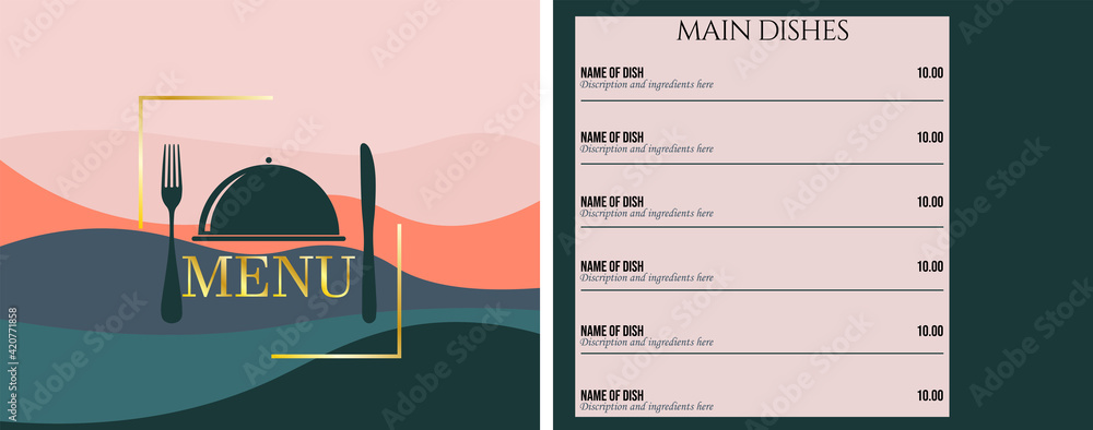 Menu cover design template and sample page. Illustration of fork, knife ...