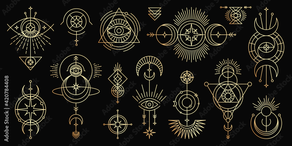 Vector golden set of mystical magic symbols. Spiritual occultism line ...