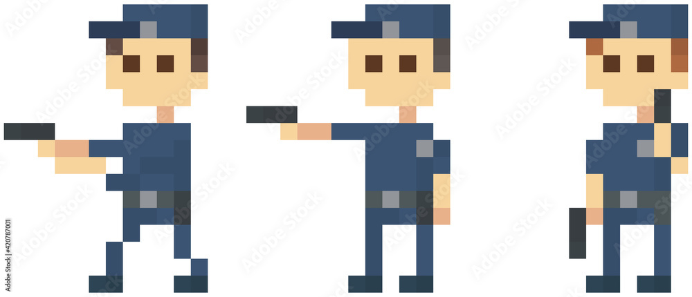 Pixel policemen with pistol. Officers in blue uniform. Pixelated group ...