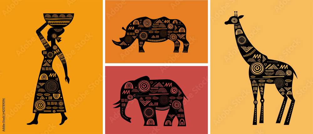 Africa banner with elements - patterned giraffes, elephant, African map ...