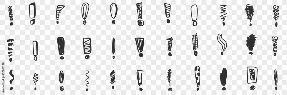 Exclamation mark symbols doodle set. Collection of hand drawn various ...
