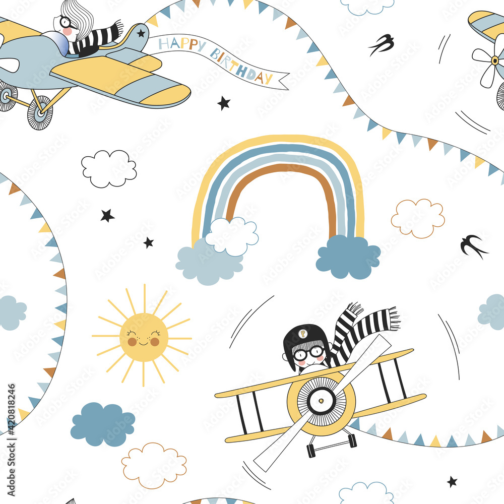 Little Boy Pilot in Airplane vector seamless pattern. Aviator Birthday ...