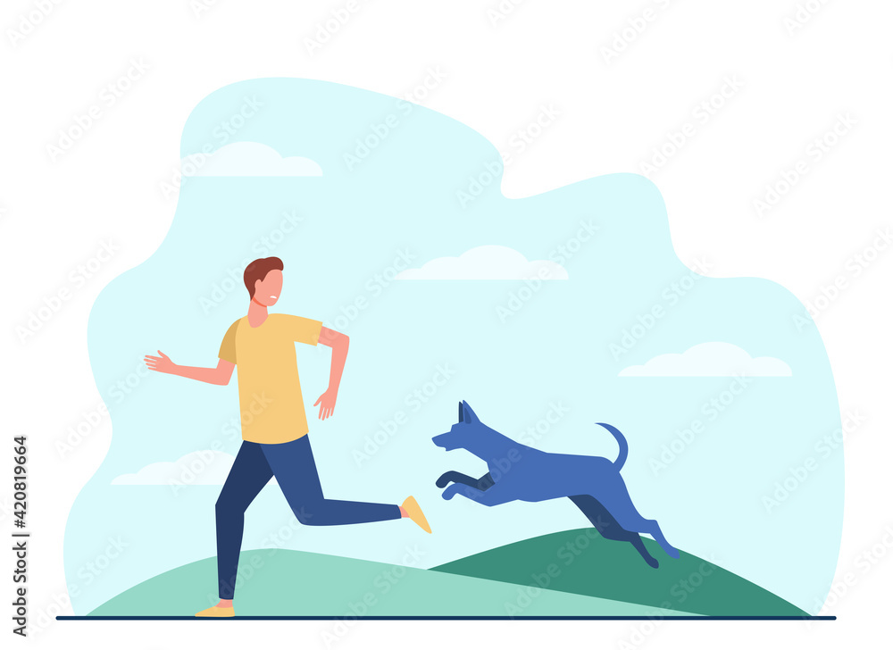 Scared man running away from dog. Dangerous animal chasing person flat ...