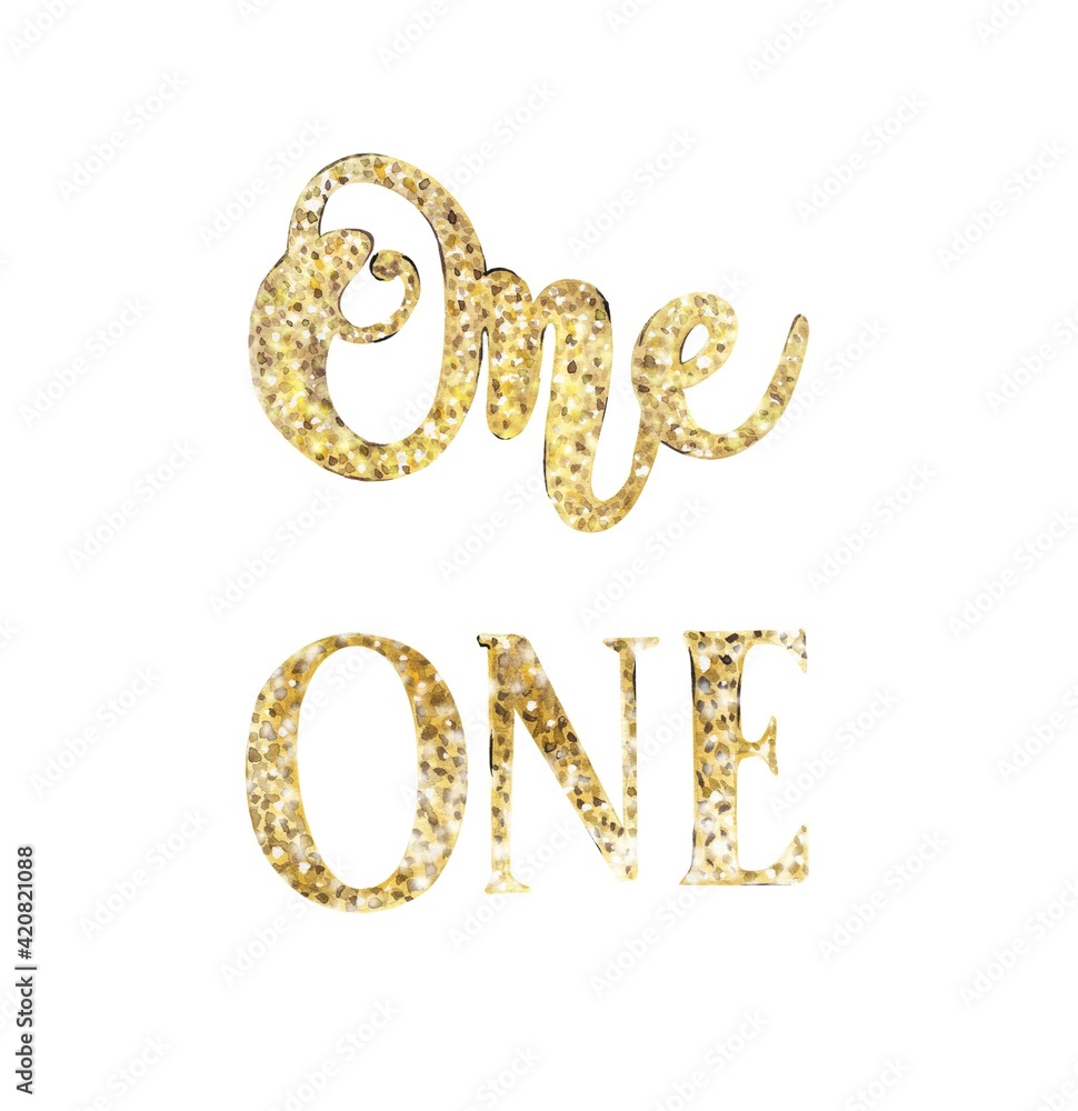 watercolor illustration. Golden word one on white background Stock ...
