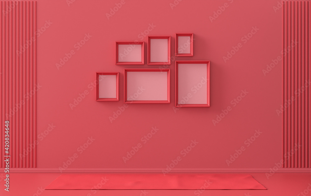 Wall mockup with six frames in solid flat pastel dark red, maroon color ...