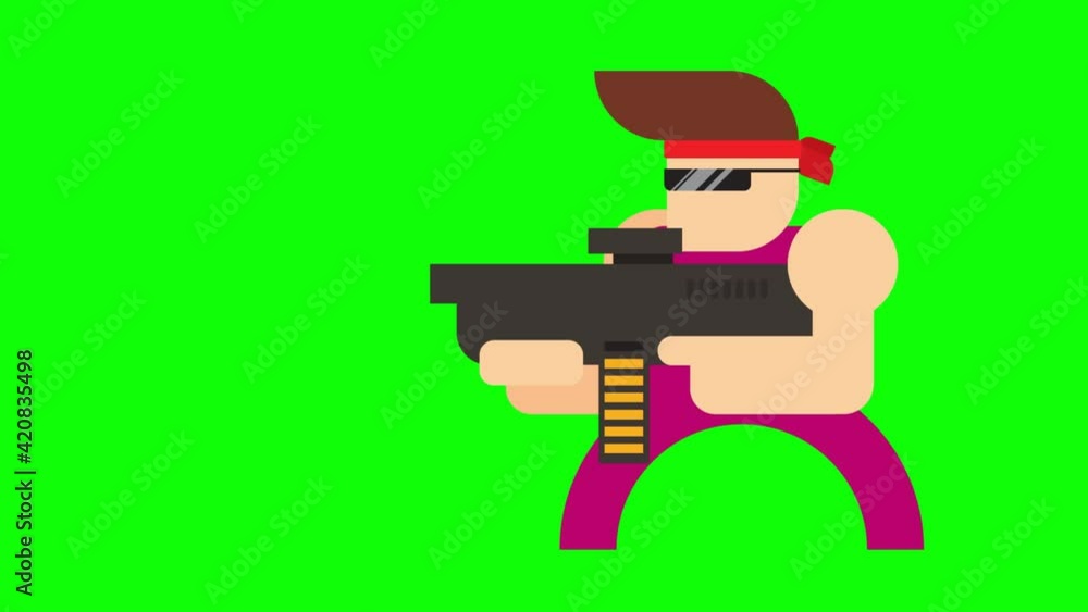 Flat design game character shooting a machine gun. Animation video clip ...