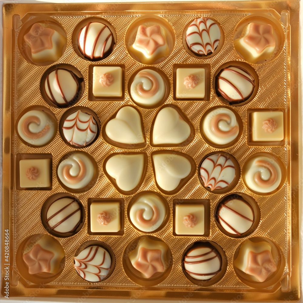Chocolate candy box.White chocolate. Assorted chocolate truffles in a ...