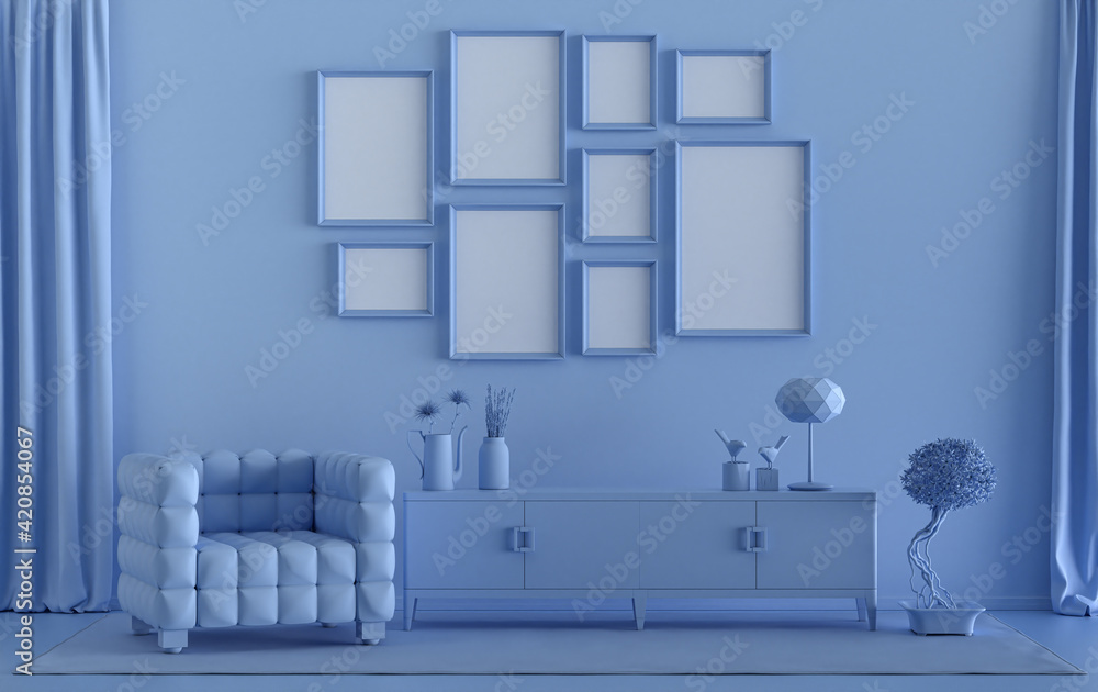 Modern interior flat light blue color room with furnitures and plants ...
