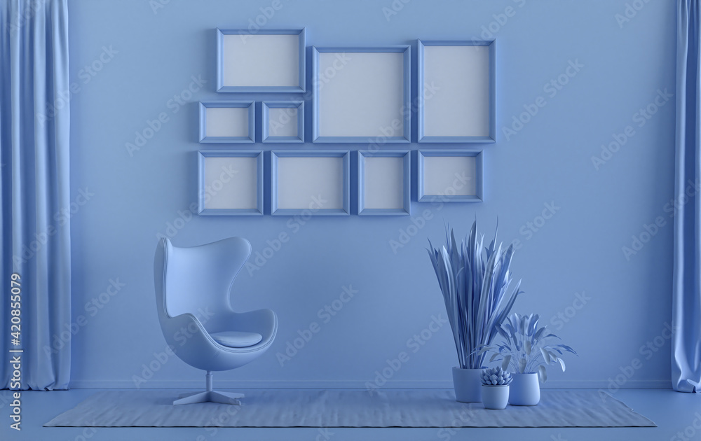 Modern interior flat light blue color room with single chair and plants ...