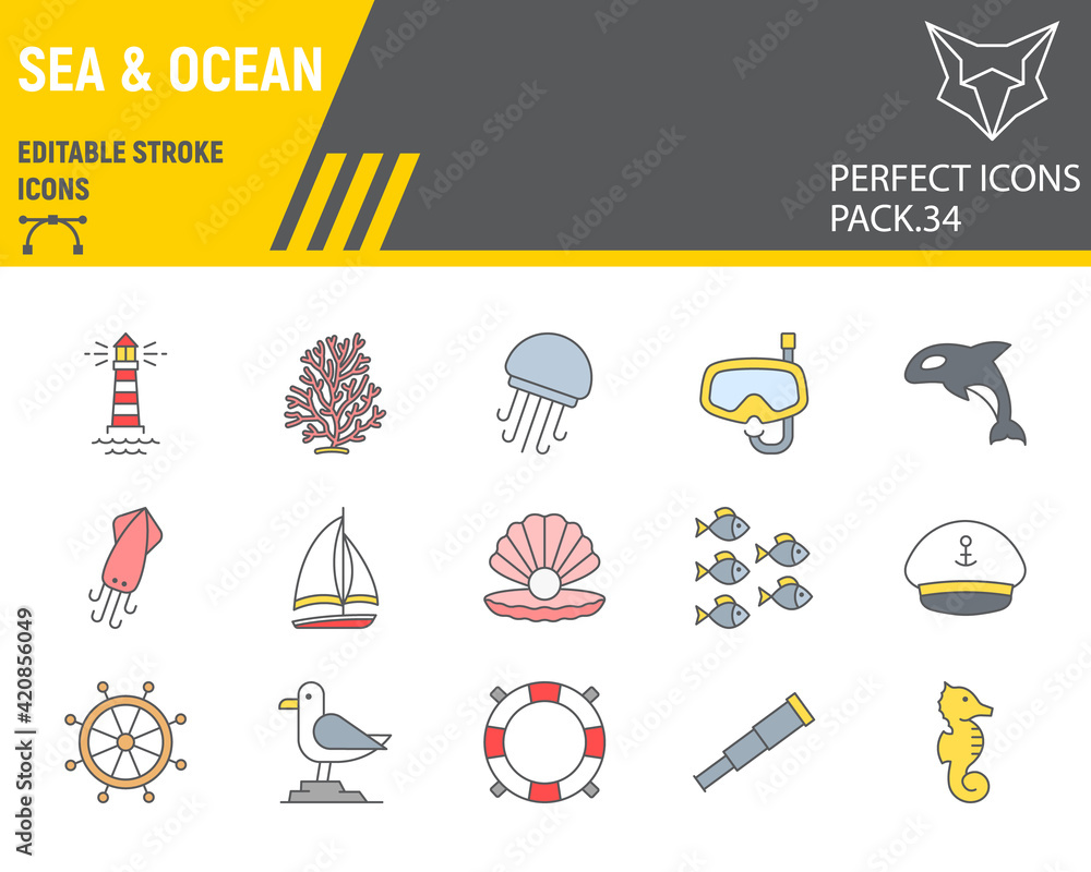 Vecteur Stock Sea and Ocean color line icon set, ocean animals ...