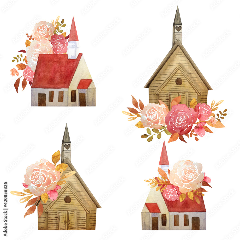 Hand-drawn watercolor set with churches isolated on white background ...