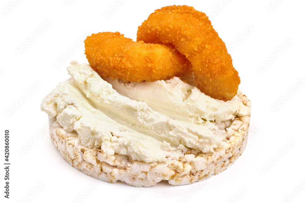 Rice cakes with breaded shrimps and cream cheese, isolated on white ...