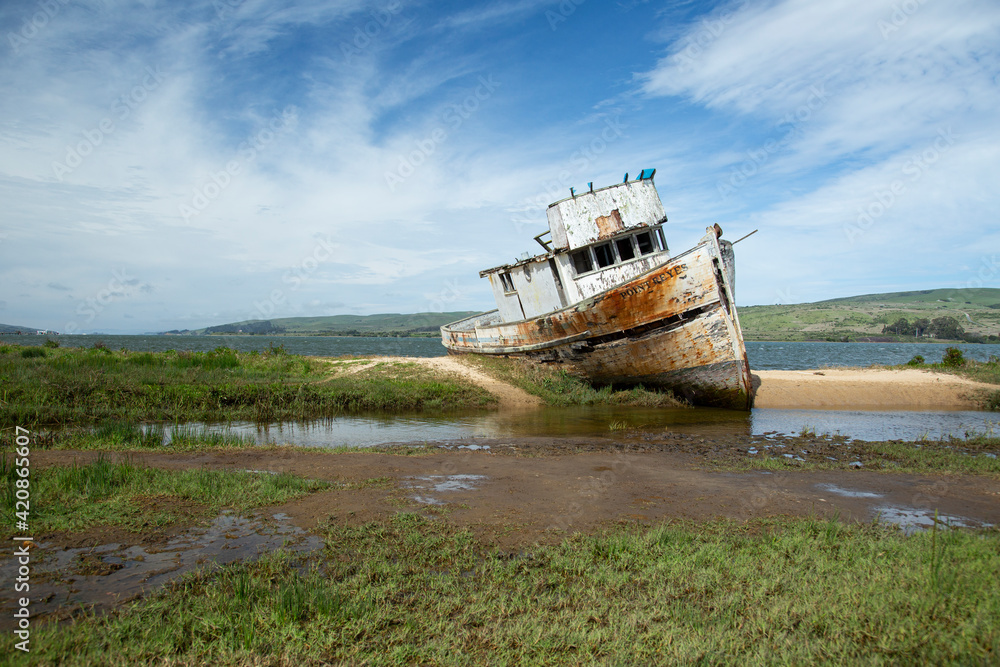 Abandoned fishing boat, shipwrecked and washed up on sandbar in muddy ...