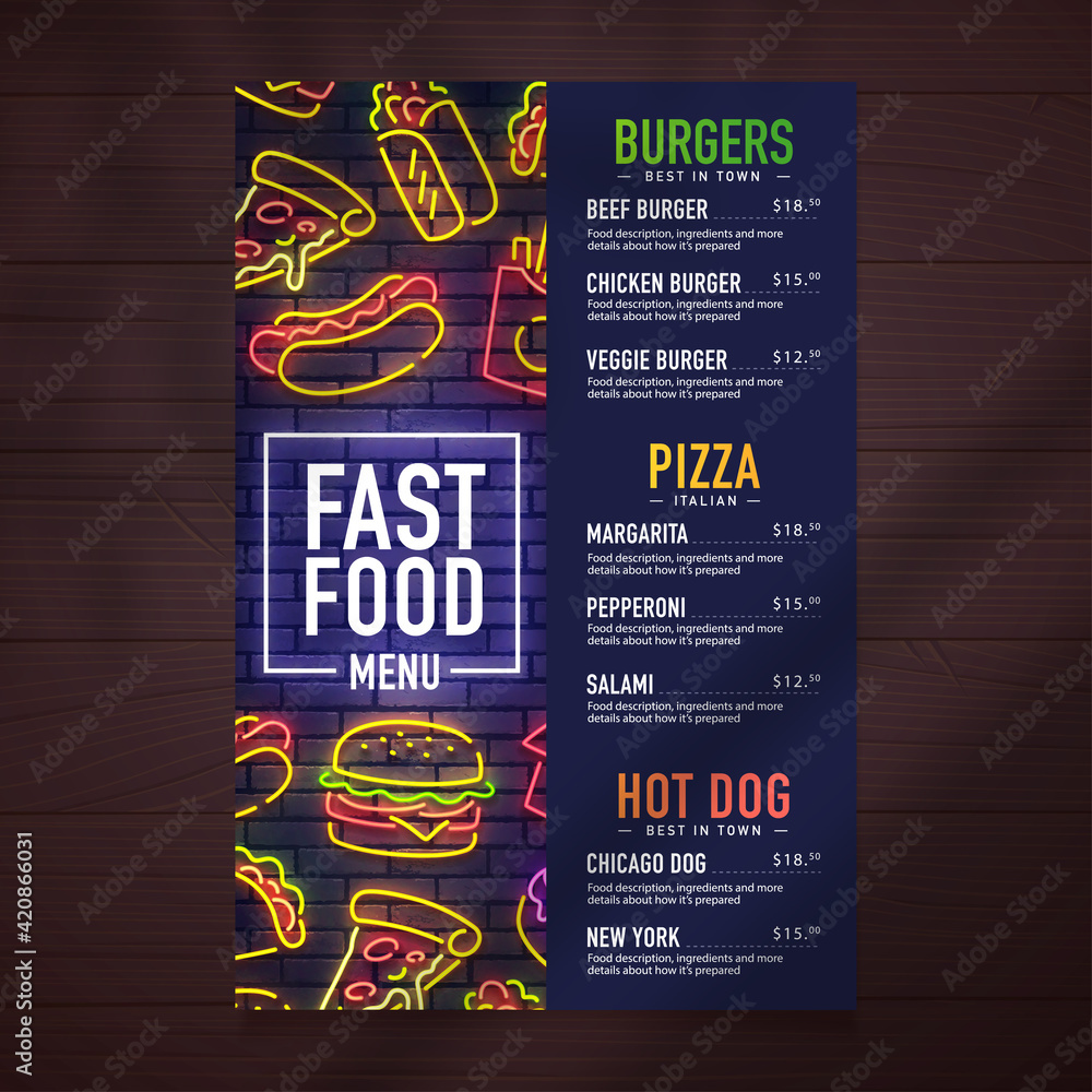 Fast food menu design and food neon sing vector illustration. Cafe menu ... Fast food menu design and food neon sing vector illustration. Cafe menu ...