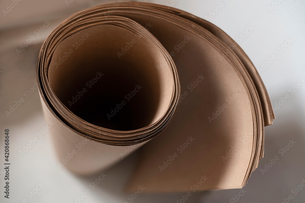 Kraft paper rolled into a roll, top view. Kraft paper for wrapping ...