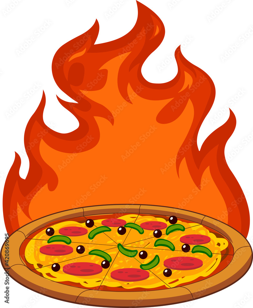 Vecteur Stock Cartoon Hot Pepperoni Pizza With Peppers And Flames ...
