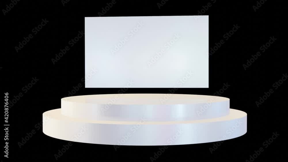 Rotating double white podium with poster banner. Bright frame template ...