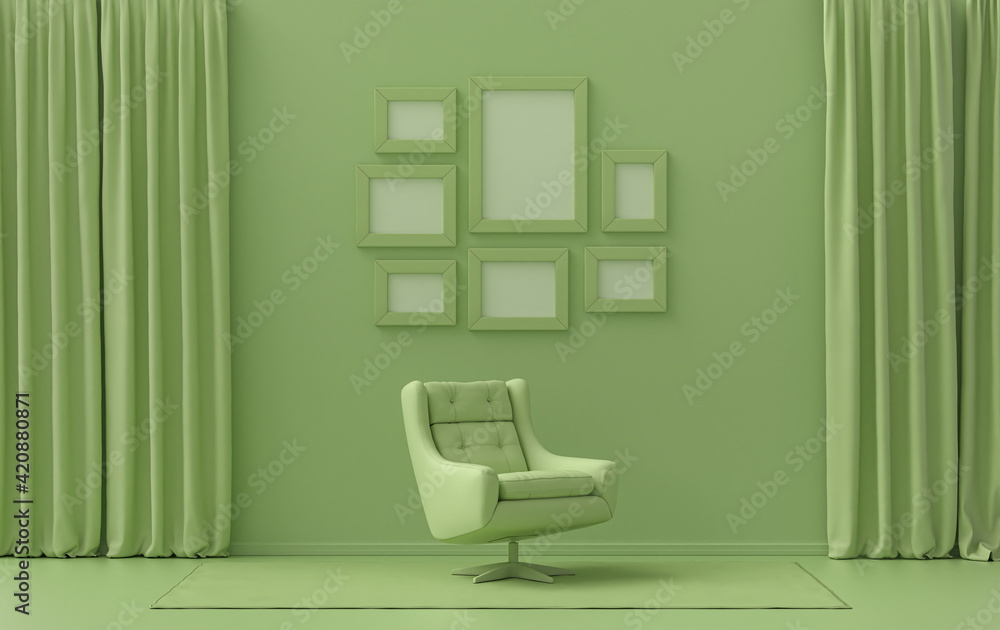 Mock-up poster gallery wall with 7 frames in solid pastel light green ...