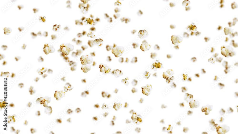 Flying many popcorns on white background. White salty popcorn. Healthy ...