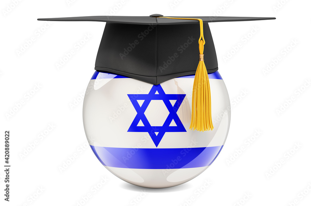 Education in Israel concept. Israeli flag with graduation cap, 3D ...