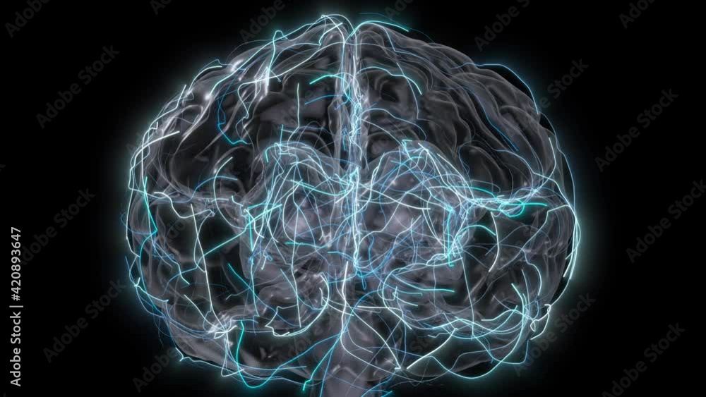 Rotating 3D human brain with moving neuron signals. Reading neural ...