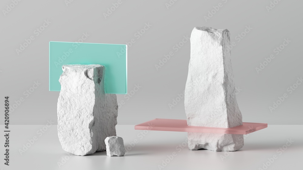 3d render, abstract background with white cobblestone ruins, broken ...
