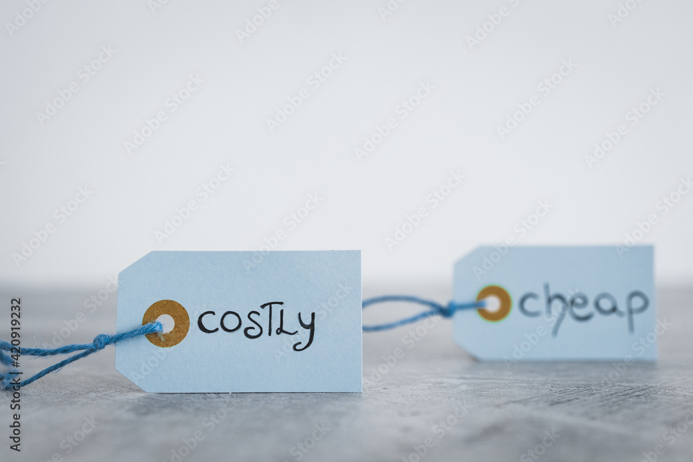 Cheap vs Costly prioduct price tags next to each other symbol of options for the customer, money ...