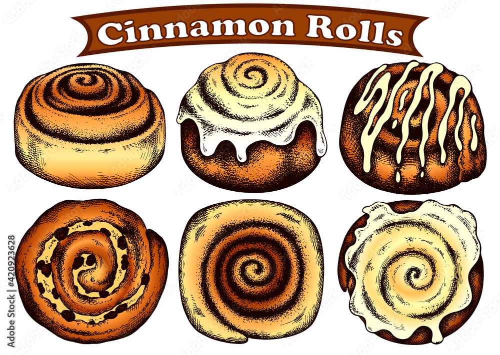 Sketch hand drawn colorful brown cinnamon rolls isolated on white ...