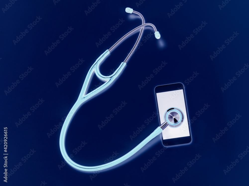 Telemedicine, stethoscope connecting to a smart phone online to connect ...
