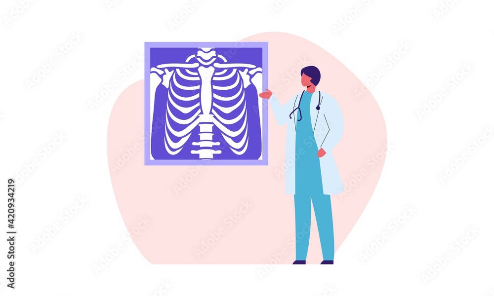 Radiologist concept illustration. Doctor examine x-ray image of human body with computed ...