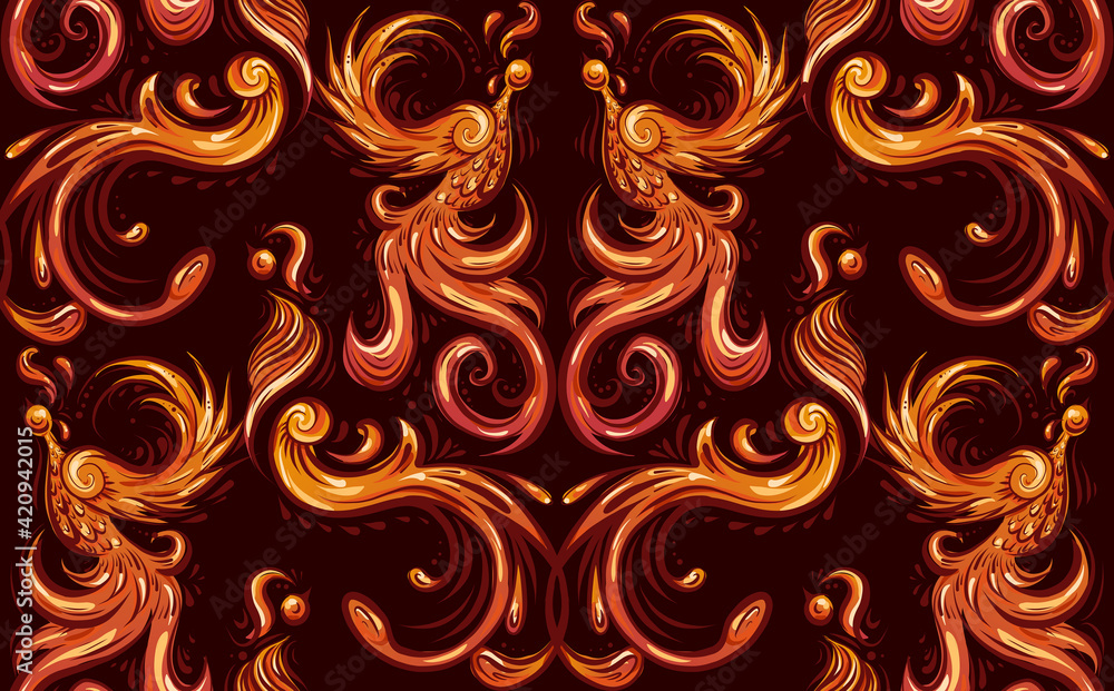 Vintage phoenix seamless pattern with curls and feathers. Wallpaper of ...