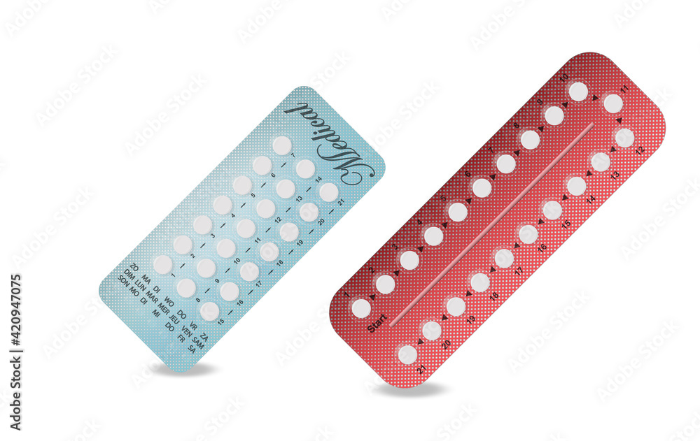 Packaging of birth control pills in red, blue. Contraceptive pill ...