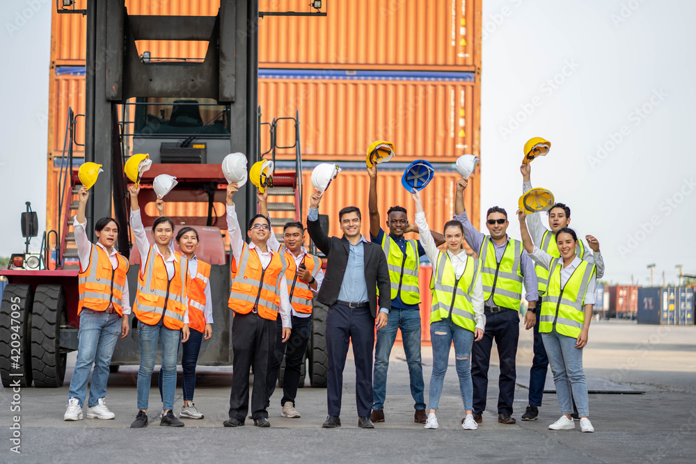 Group of employees and management team wearing logistic uniforms and ...