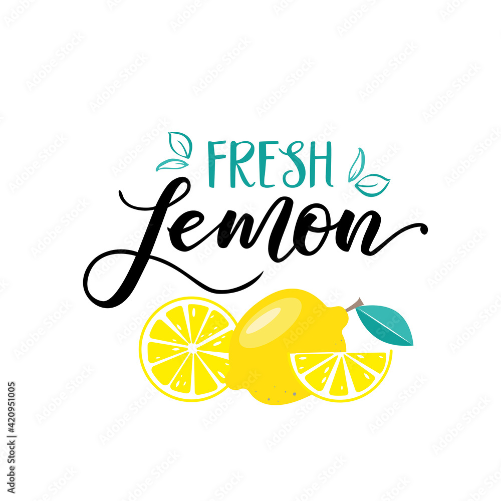 Vector lettering illustration of "Fresh Lemon". Hand sketched lemon and ...