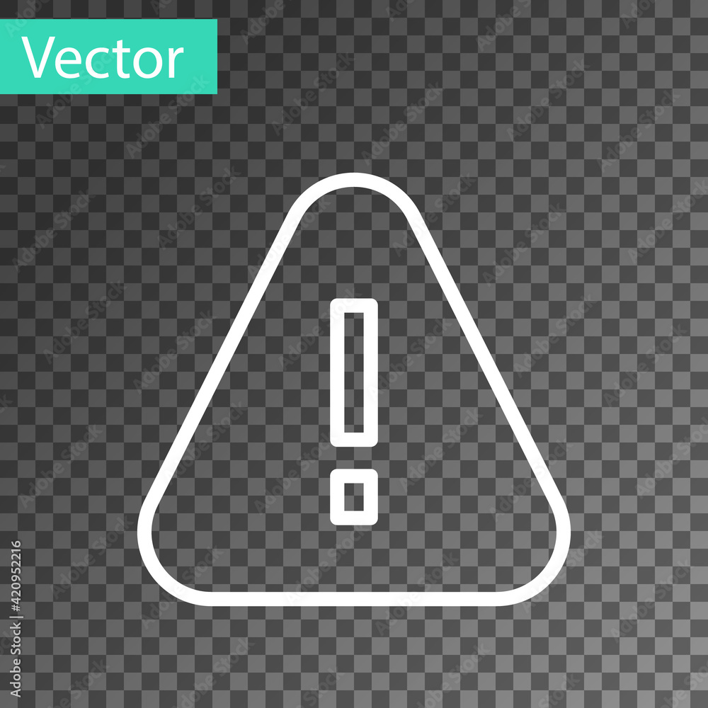 White line Exclamation mark in triangle icon isolated on transparent ...