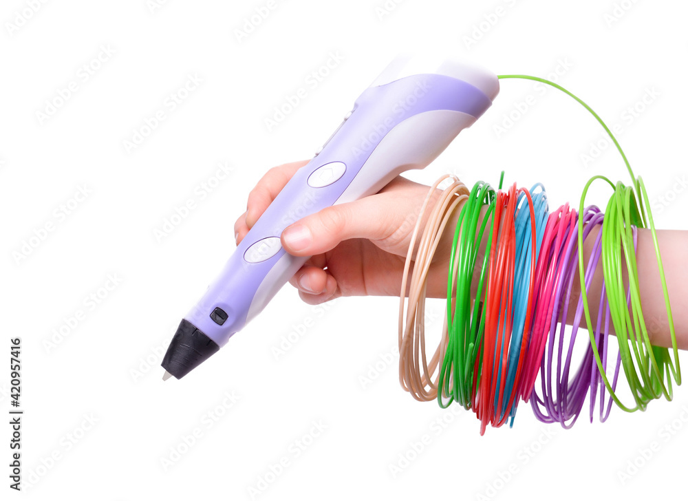 Hand holding violet 3D drawing pen printer on white background. Plastic ...