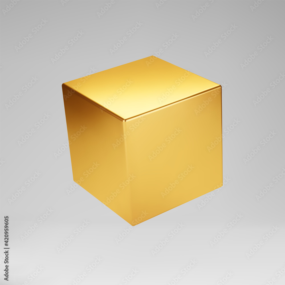 3d gold metallic cube isolated on grey background. Render a rotating ...