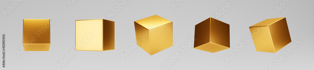3d gold metallic cubes set isolated on grey background. Render a ...
