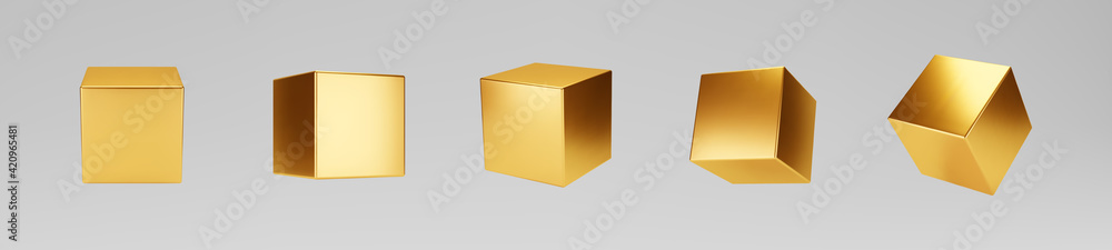 3d gold metallic cubes set isolated on grey background. Render a ...