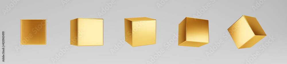 3d gold metallic cubes set isolated on grey background. Render a ...